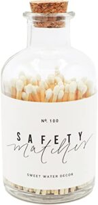 sweet water decor 3″ safety matches in medium apothecary bottle | rustic jar of approx. 100 decorative matchsticks with strike pad | cute candle accessory match holder with colored tips (white)