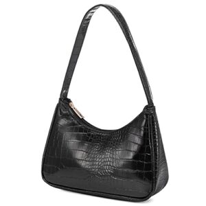 lovevook shoulder bag for women, small purses croc pattern clutch purse vegan leather little purse cute mini handbag with zipper closure, black