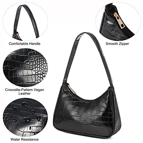 LOVEVOOK Shoulder Bag for Women, Small Purses Croc Pattern Clutch Purse Vegan Leather Little Purse Cute Mini Handbag with Zipper Closure, Black