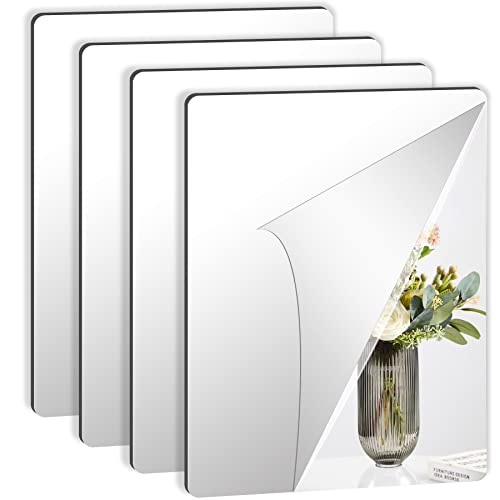 JUNEBRUSHS 4 Pack Self Adhesive Acrylic Mirror, 12x 16 Inch Mirror Tiles,Flexible Plastic Mirror Sheets Wall Stickers,2MM Thick Mirror,Frameless Small Mirror