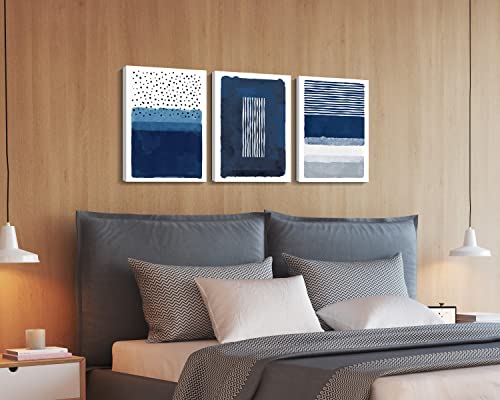 Creoate Blue Canavs Wall Art for Living Room Decor 3 Pieces Abstract Blue and White Painting Canvas Print Framed Artwork Set for Bedroom Decor Navy Blue Canvas Wall Decor, Ready to Hang, 12x16 Inch x3pcs