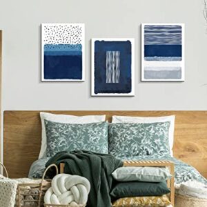 Creoate Blue Canavs Wall Art for Living Room Decor 3 Pieces Abstract Blue and White Painting Canvas Print Framed Artwork Set for Bedroom Decor Navy Blue Canvas Wall Decor, Ready to Hang, 12x16 Inch x3pcs