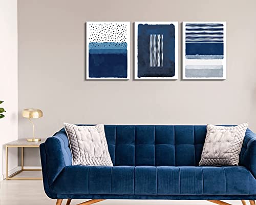 Creoate Blue Canavs Wall Art for Living Room Decor 3 Pieces Abstract Blue and White Painting Canvas Print Framed Artwork Set for Bedroom Decor Navy Blue Canvas Wall Decor, Ready to Hang, 12x16 Inch x3pcs