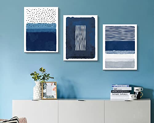 Creoate Blue Canavs Wall Art for Living Room Decor 3 Pieces Abstract Blue and White Painting Canvas Print Framed Artwork Set for Bedroom Decor Navy Blue Canvas Wall Decor, Ready to Hang, 12x16 Inch x3pcs