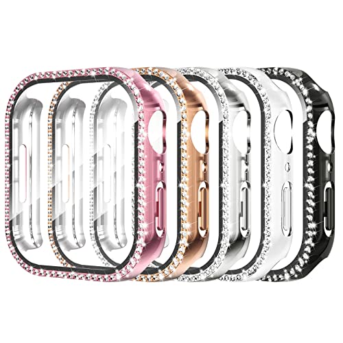 Simpeak 5Pack 45mm Bling Case Screen Protector Compatible with Apple Watch Series 8 Series 7, Crystals Hard Protector Case Replacement for iWatch 8 7 45mm, Rose Gold Pink/Black/Silver/Clear