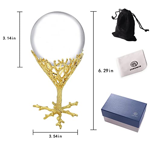 LONGWIN 80mm(3.14 inch) Clear Crystal Meditation Balls for Witchcraft with Golden Iron Stand, Photography Props, Glass Juggling Balls, Divination Balls Home Crystal Feng Shui Decor