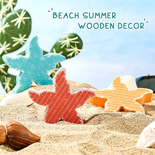 3 Pcs Ocean Beach Tiered Tray Decor Items Mini Summer Wooden Sign Set Farmhouse Rustic Wood Decorative Nautical Baby Shower Decorations for Home Office Bedroom Table Shelf Desk (Starfish)