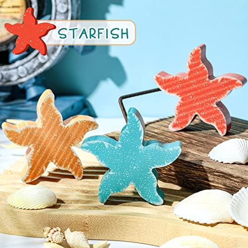 3 Pcs Ocean Beach Tiered Tray Decor Items Mini Summer Wooden Sign Set Farmhouse Rustic Wood Decorative Nautical Baby Shower Decorations for Home Office Bedroom Table Shelf Desk (Starfish)