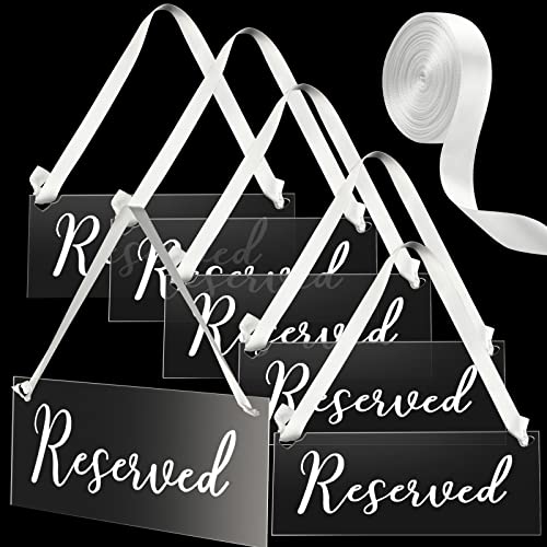 6 Pieces Reserved Signs for Wedding Chairs with a Roll of Ribbon Acrylic Reserved Signs Reserved Table Signs for Wedding Important Events Church Pews Chair and Restaurant (White)