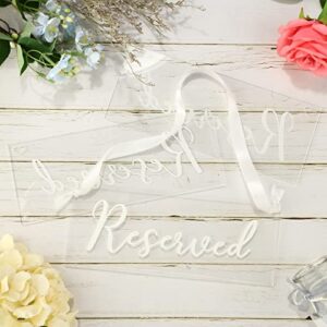 6 Pieces Reserved Signs for Wedding Chairs with a Roll of Ribbon Acrylic Reserved Signs Reserved Table Signs for Wedding Important Events Church Pews Chair and Restaurant (White)