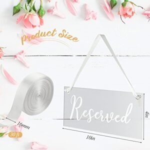 6 Pieces Reserved Signs for Wedding Chairs with a Roll of Ribbon Acrylic Reserved Signs Reserved Table Signs for Wedding Important Events Church Pews Chair and Restaurant (White)