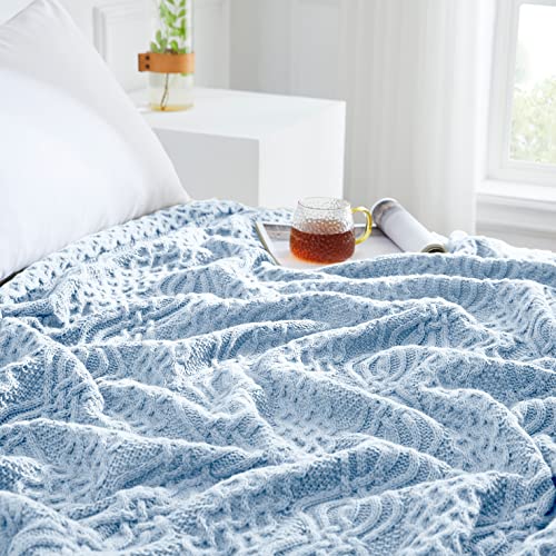 Aormenzy Light Blue Cable Knit Throw Blanket, Soft & Warm Knitted Blanket Throw for Couch Bed Sofa Living Room, 50 x 60 inch