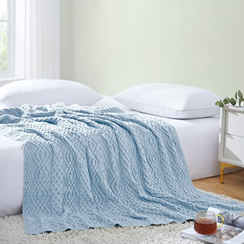 Aormenzy Light Blue Cable Knit Throw Blanket, Soft & Warm Knitted Blanket Throw for Couch Bed Sofa Living Room, 50 x 60 inch