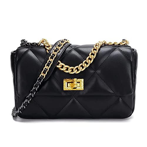 Small Quilted Purse Crossbody Bags for Women Leather Shoulder Bag Trendy Designer Handbag Purses with Gold Chain Black