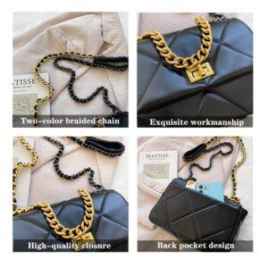 Small Quilted Purse Crossbody Bags for Women Leather Shoulder Bag Trendy Designer Handbag Purses with Gold Chain Black