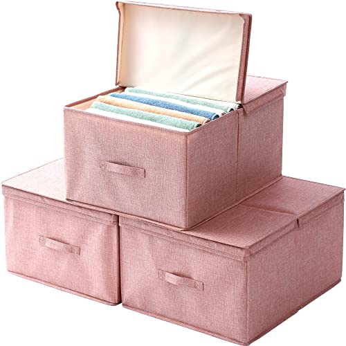 FIHAP Fabric Storage Bins with Lids for Clothes, Large Foldable Toy Organizers and Storage, Sturdy Box Cubes Containers for Sheet Blanket, Premium Closet Organizer for Home Bedroom 3 Pack Pink