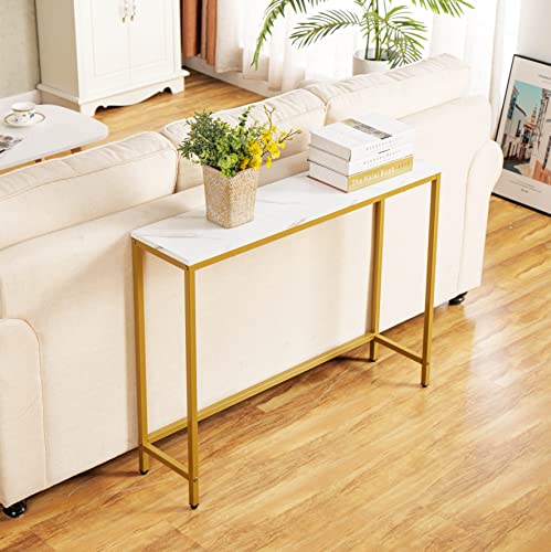 loglus Console Table for Entryway, Faux Marble MDF Sofa Table with Golden Frame for Living Room Office