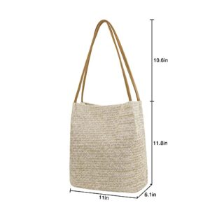 Women Straw Shoulder Bag Bucket Bag Beach Hobo Handbag Top Handle Satchel Purse for Summer, Light Beige