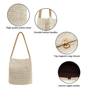 Women Straw Shoulder Bag Bucket Bag Beach Hobo Handbag Top Handle Satchel Purse for Summer, Light Beige