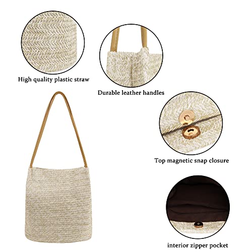 Women Straw Shoulder Bag Bucket Bag Beach Hobo Handbag Top Handle Satchel Purse for Summer, Light Beige