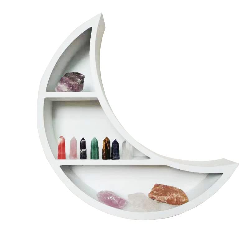 Kirpi Crescent Moon Shelf for Crystals, White Floating Moon Shelf Hanging, Wall Art Floating Shelves for Bathroom, Boho Decorative Hanging Moon Shelves,17''x 15''x 3'' (White Style 2)