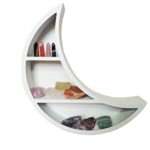 Kirpi Crescent Moon Shelf for Crystals, White Floating Moon Shelf Hanging, Wall Art Floating Shelves for Bathroom, Boho Decorative Hanging Moon Shelves,17''x 15''x 3'' (White Style 2)