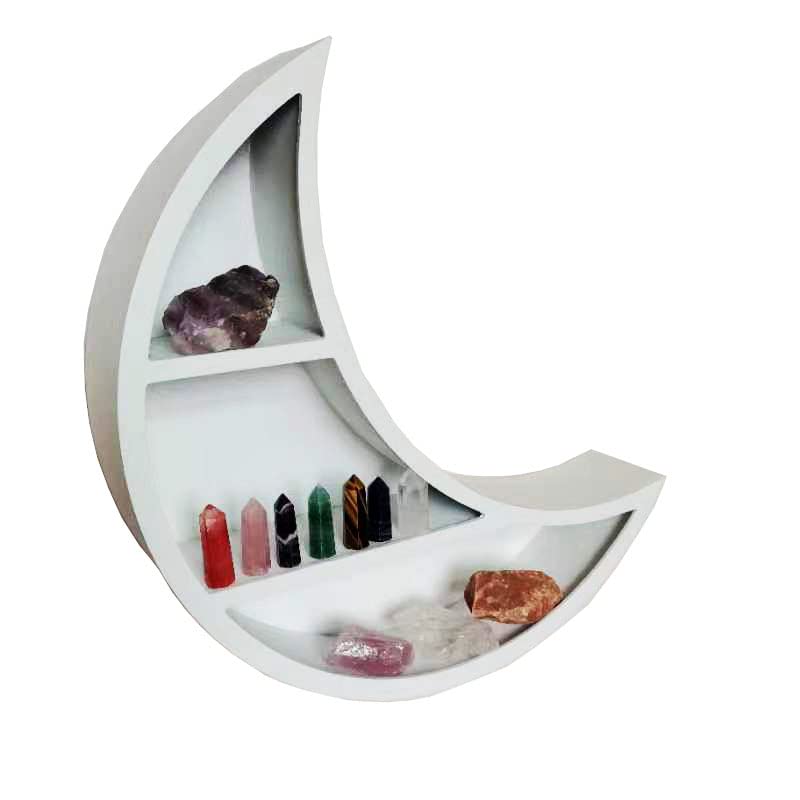 Kirpi Crescent Moon Shelf for Crystals, White Floating Moon Shelf Hanging, Wall Art Floating Shelves for Bathroom, Boho Decorative Hanging Moon Shelves,17''x 15''x 3'' (White Style 2)