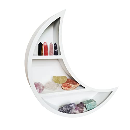 Kirpi Crescent Moon Shelf for Crystals, White Floating Moon Shelf Hanging, Wall Art Floating Shelves for Bathroom, Boho Decorative Hanging Moon Shelves,17''x 15''x 3'' (White Style 2)