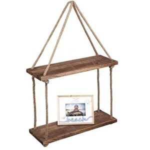 Doledecor Rope Floating Shelves，Hanging Wall Shelves, Woven Hanger, 2 Tier Rope Floating Shelf ,Rustic Wood Finish . for Living 2tiers