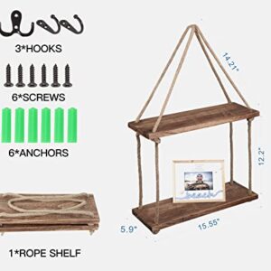 Doledecor Rope Floating Shelves，Hanging Wall Shelves, Woven Hanger, 2 Tier Rope Floating Shelf ,Rustic Wood Finish . for Living 2tiers