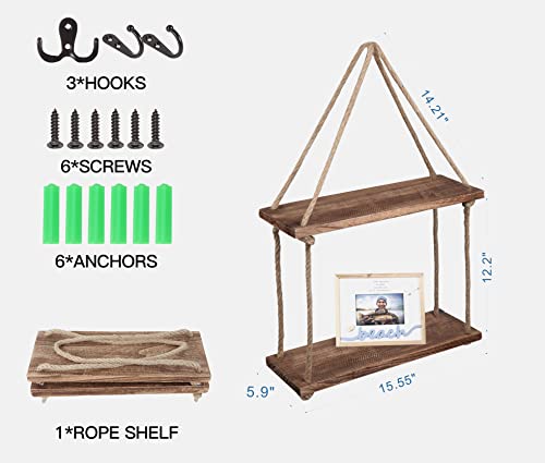 Doledecor Rope Floating Shelves，Hanging Wall Shelves, Woven Hanger, 2 Tier Rope Floating Shelf ,Rustic Wood Finish . for Living 2tiers