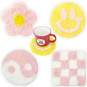 coasters for drinks, handmade preppy tufted pink pastel smily face rug cute aesthetic home room decor coffee table gift 4pcs