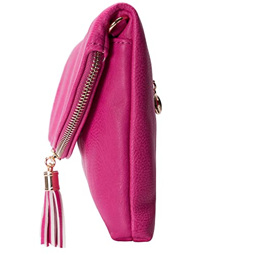 Solene Womens Envelop Clutch Purse Multi Compartments, 6 Card Slot Inside, Crossbody Bag With Tassels (WU075 - Fuchsia)