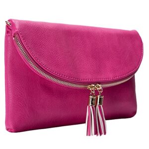 Solene Womens Envelop Clutch Purse Multi Compartments, 6 Card Slot Inside, Crossbody Bag With Tassels (WU075 - Fuchsia)