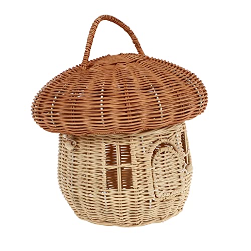 NOLITOY Kids Toys Sundries Storage Basket Handwoven Rattan Storage Basket, Mushroom Saver Organizer with Lid Picnic Basket Home Decor Desktop Photo Props Rattan Planter Pot Girl Toys