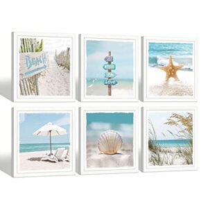 beach wall art for bathroom: ocean seashell framed picture and coastal seascape seaweed artwork landscape painting print on seaside photo bedroom living room (13”x13”)