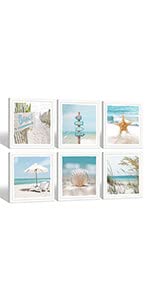 Beach Wall Art for Bathroom: Ocean Seashell Framed Picture and Coastal Seascape Seaweed Artwork landscape Painting Print on Seaside Photo Bedroom Living Room (13''x13'')