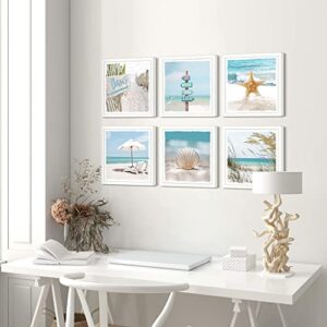 Beach Wall Art for Bathroom: Ocean Seashell Framed Picture and Coastal Seascape Seaweed Artwork landscape Painting Print on Seaside Photo Bedroom Living Room (13''x13'')