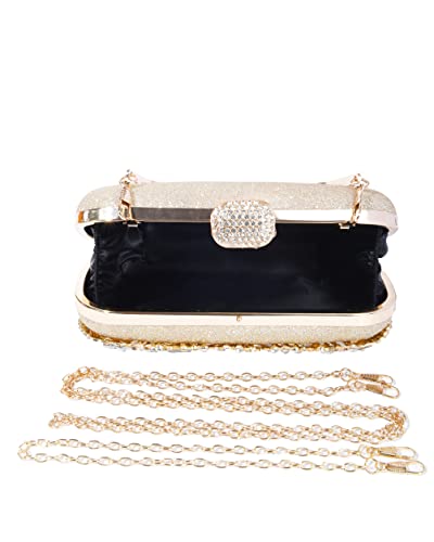 Covelin Women's Rhinestone Decorated Evening Bag, Tote Shoulder Crossbody Handbag with Chain Golden