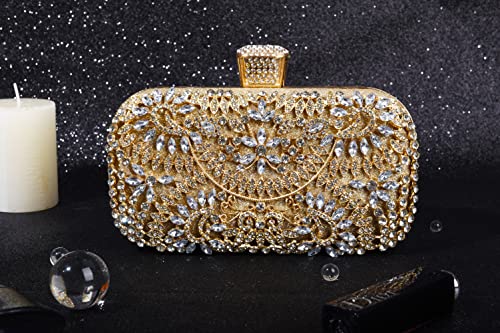 Covelin Women's Rhinestone Decorated Evening Bag, Tote Shoulder Crossbody Handbag with Chain Golden