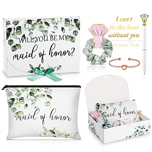 7 Pieces Wedding Themed Supplies Include Maid of Honor Proposal Box Maid of Honor Canvas Makeup Bags Green Satin Scrunchie White Gold Diamond Pen Bracelet White Raffia Grass with Card for Wedding