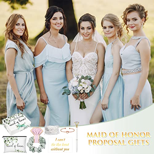 7 Pieces Wedding Themed Supplies Include Maid of Honor Proposal Box Maid of Honor Canvas Makeup Bags Green Satin Scrunchie White Gold Diamond Pen Bracelet White Raffia Grass with Card for Wedding