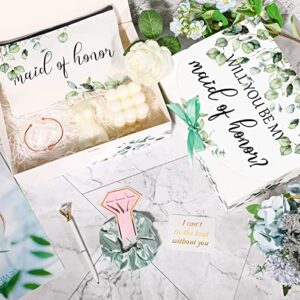 7 Pieces Wedding Themed Supplies Include Maid of Honor Proposal Box Maid of Honor Canvas Makeup Bags Green Satin Scrunchie White Gold Diamond Pen Bracelet White Raffia Grass with Card for Wedding