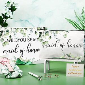 7 Pieces Wedding Themed Supplies Include Maid of Honor Proposal Box Maid of Honor Canvas Makeup Bags Green Satin Scrunchie White Gold Diamond Pen Bracelet White Raffia Grass with Card for Wedding