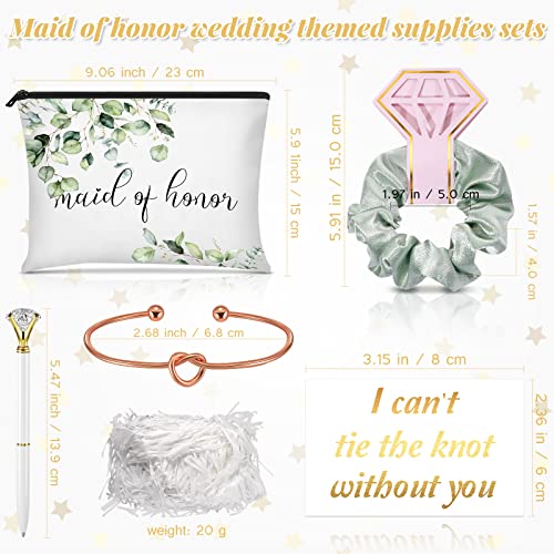 7 Pieces Wedding Themed Supplies Include Maid of Honor Proposal Box Maid of Honor Canvas Makeup Bags Green Satin Scrunchie White Gold Diamond Pen Bracelet White Raffia Grass with Card for Wedding