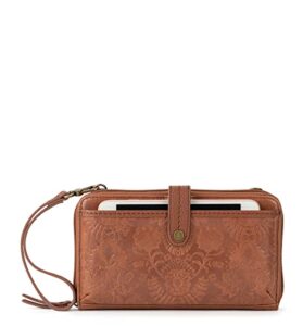 the sak iris large smartphone crossbody bag in leather, detachable wristlet strap, tobacco floral embossed ii