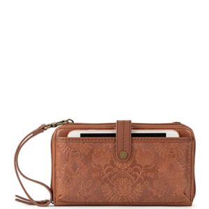 The Sak Iris Large Smartphone Crossbody Bag in Leather, Detachable Wristlet Strap, Tobacco Floral Embossed II