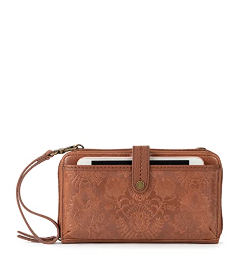 The Sak Iris Large Smartphone Crossbody Bag in Leather, Detachable Wristlet Strap, Tobacco Floral Embossed II