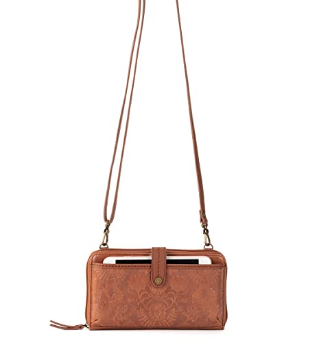 The Sak Iris Large Smartphone Crossbody Bag in Leather, Detachable Wristlet Strap, Tobacco Floral Embossed II