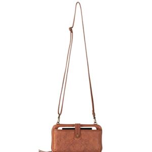 The Sak Iris Large Smartphone Crossbody Bag in Leather, Detachable Wristlet Strap, Tobacco Floral Embossed II